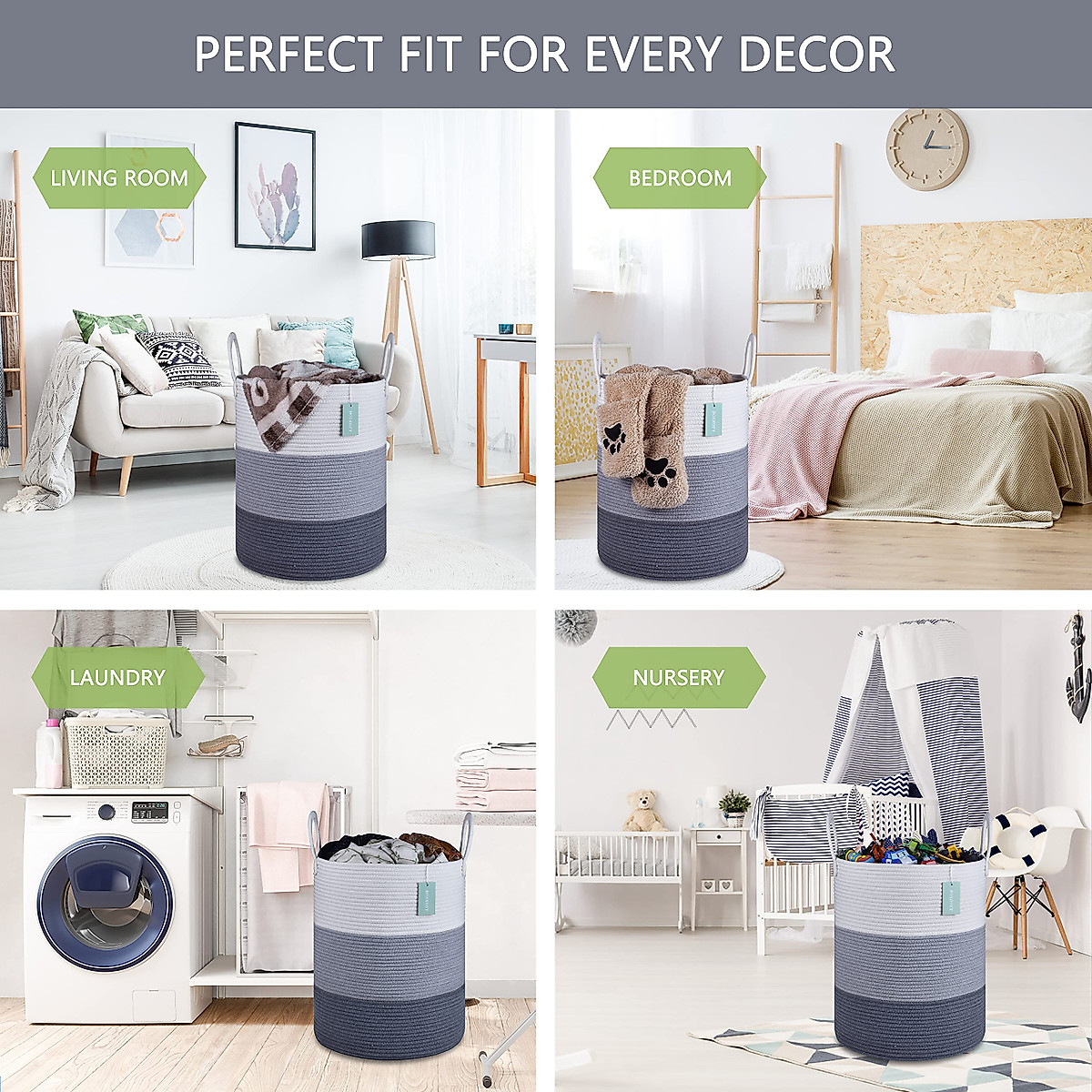 BOSROTY Large Laundry Hamper Basket for Girls Boys Kids 65L, Nursery Hamper, Tall Blanket Basket, Clothes Basket Laundry, Woven Basket, Cotton Rope Basket, Toy Basket, 16”x 20”, White & Gray