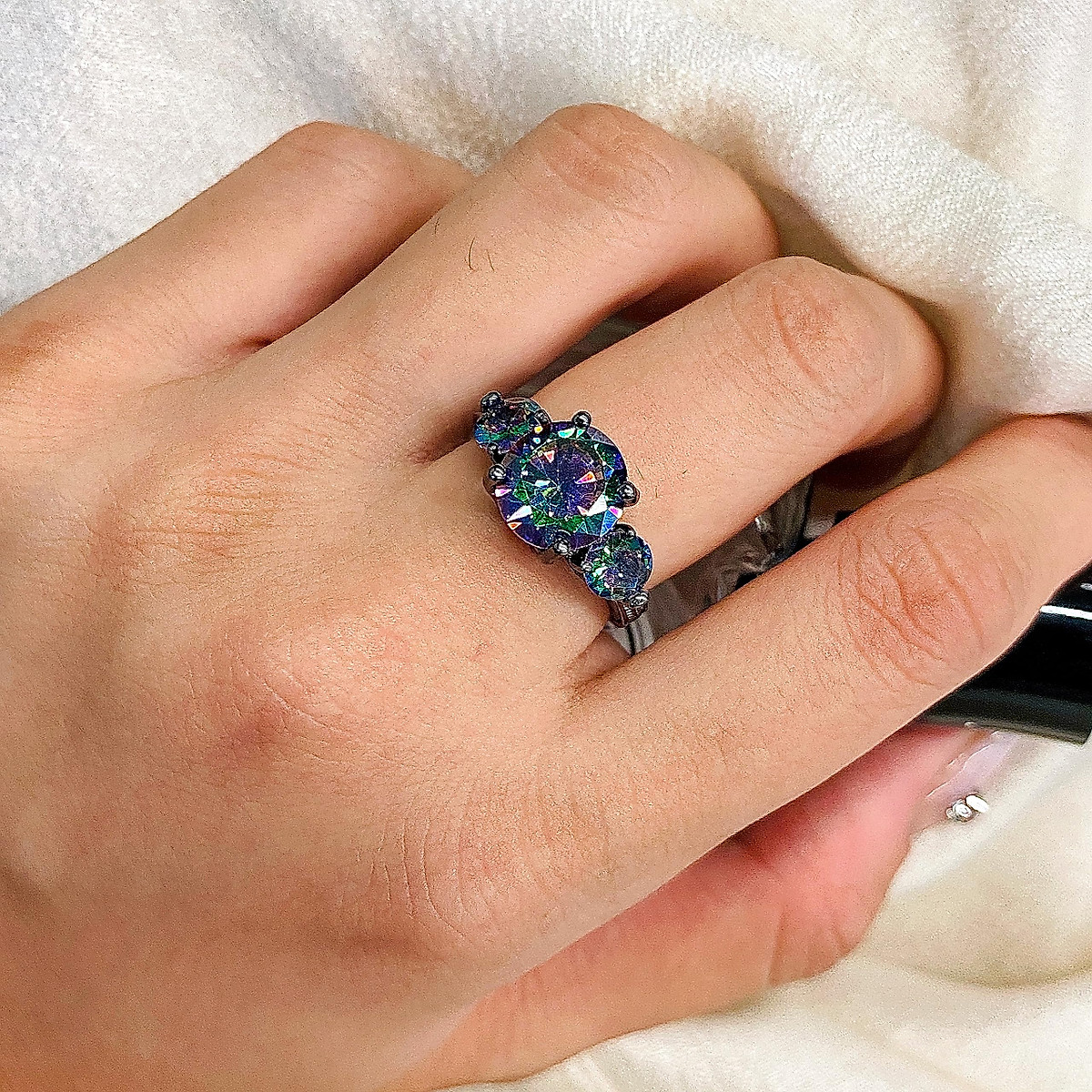 Black Engagement Rings for Women, 14K Black Gold Goth Rings 3 Stone Rings, Mystic Topaz Tourmaline Wedding Rings for Women Size 5 6 7 8 9 10