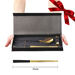 Stainless Steel Chopsticks Spoons and Chopsticks Holders, Flatware Gift Set (Black Golden)