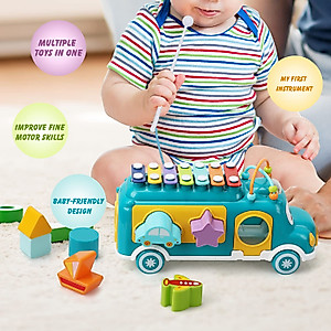 TOY Life Baby Toys 12-18 Months Baby Xylophone Toys Kids Xylophone Baby Toys 6 to 12 18 Months Toys Musical Instruments with Shape Sorter & Building Blocks Shape Sorting Bus Baby Learning Bus