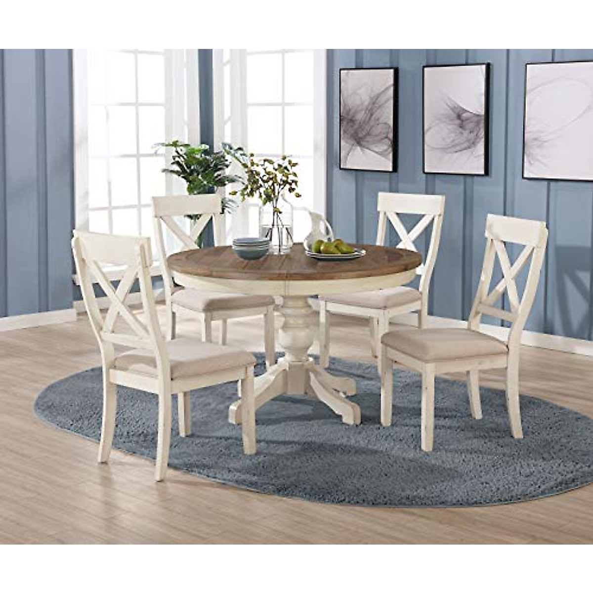 Roundhill Furniture Prato 5-Piece Round Dining Table Set with Cross Back Chairs, Antique White and Distressed Oak