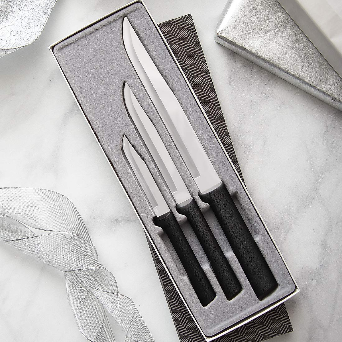 Rada Cutlery Housewarming Knife Gift Set – 3 Piece Stainless Steel Knives With Black Resin Stainless Steel Handles Made in the USA