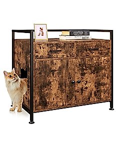 TC-HOMENY Cat Litter Box Enclosure Cabinet Storage Wooden Hidden Cat Washroom Furniture with 2 Doors, Drawers