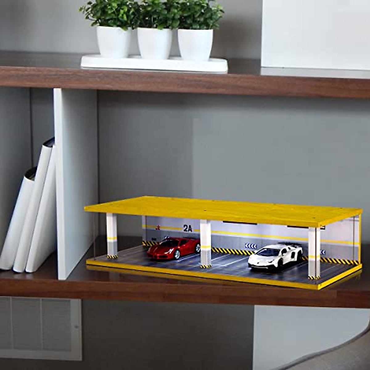 Giorkecl 1/32 Model Car Display Case，Model Car Parking Lot Garage，Display Case for Diecast Cars，6 Parking Space Acrylic Toy Garage with LED Light