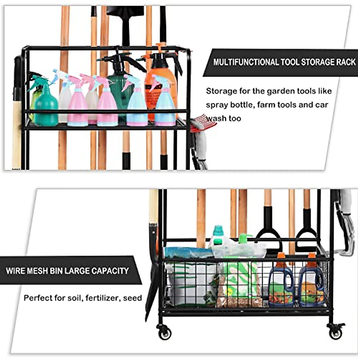 Garden Tool Storage Organizer with Wheels, Yard Tool Stand Holder Racks, Garage Tool Rack, Garden Tool Rolling Cart, Garage Organizers and Storage Hold Garden Tools for Garage Lawn and Outdoor