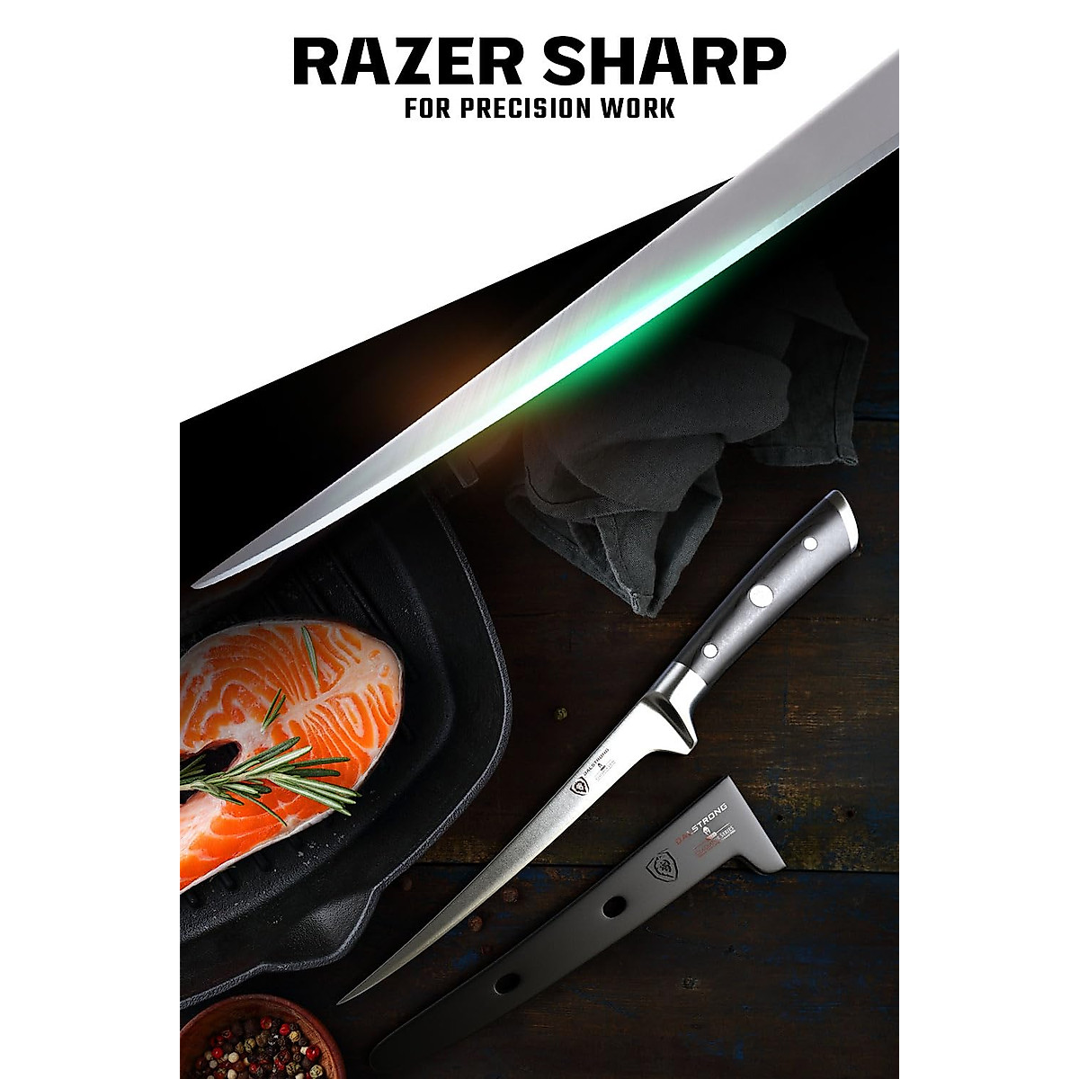 Dalstrong Fillet Knife - 7 inch Flexible Blade - Gladiator Series Elite - High Carbon German Steel - Black G10 Handle Boning Knife - w/Two Sheaths - Razor Sharp Kitchen Knife - NSF Certified