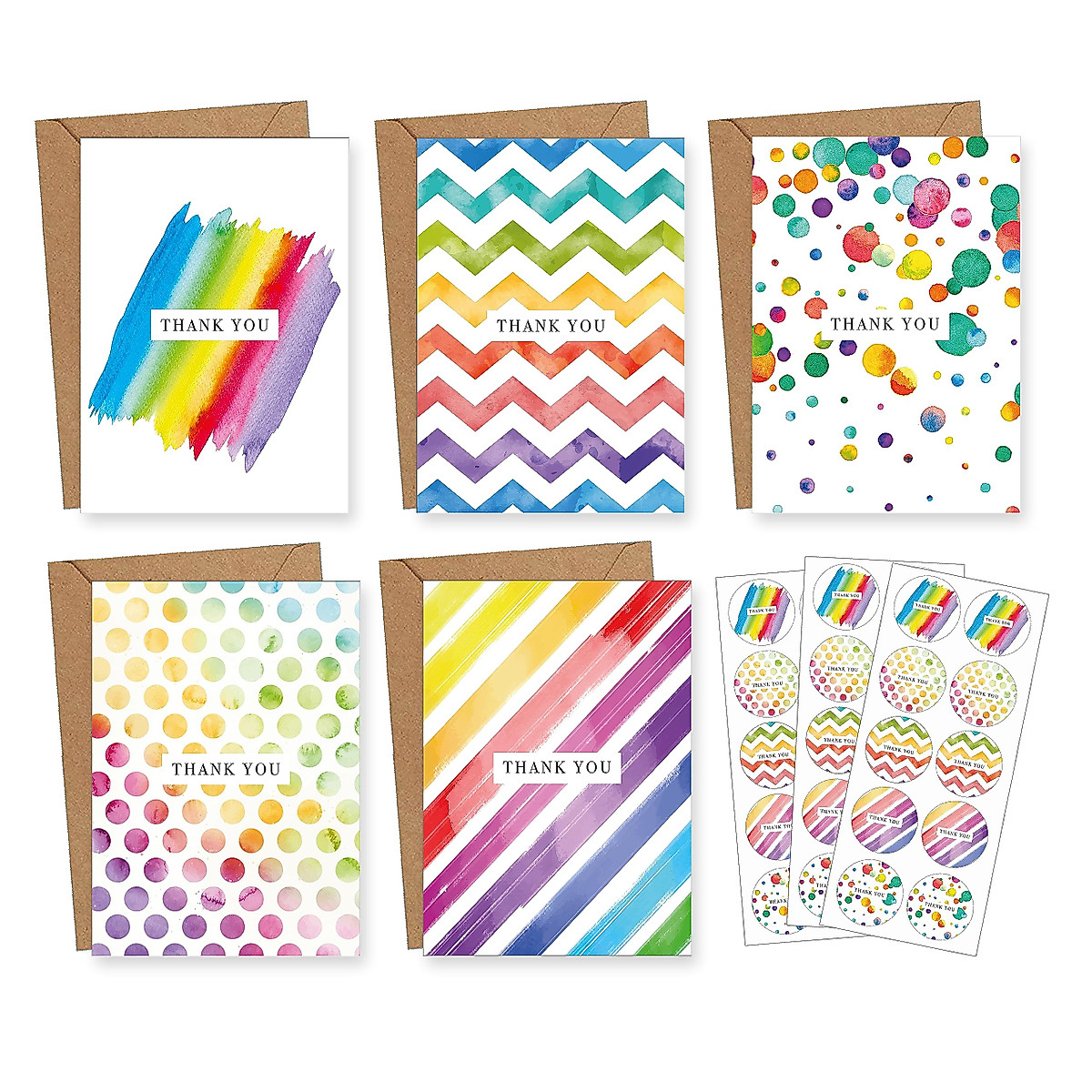 Thank You Cards with Brown Kraft Envelopes and Stickers - 5 Designs Bulk Watercolor Notes Pack of 20 - for Baby Showers, Bridal Showers, Weddings, All Occasion, 4x6 Inch, Count of 20 (Watercolor)