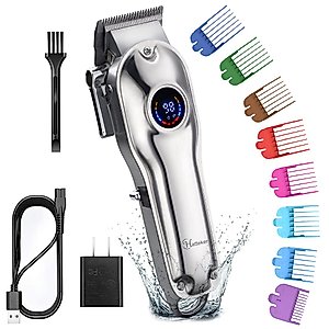 Hatteker Hair Clippers for Men Professional, Cordless Barber Clippers for Hair Cutting and Grooming, Upgrade Rechargeable Beard Trimmer Large Smart LED Display & IPX7 Waterproof (Silver)