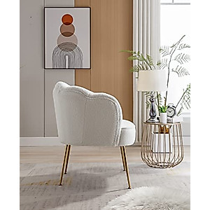 Goujxcy Modern Teddy Shell Barrel Chair Accent Armchair with Golden Legs for Living Room Bedroom Home Office, Tufted Back Club Chair (White7)