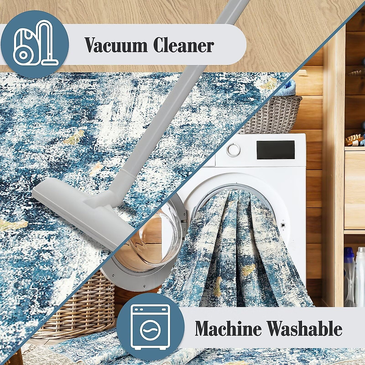 nusoarug 5x7 Modern Thick Pile Area Rug Machine Washable, 5' x 7' Carpet Abstract Non-Slip Area Rugs with Rubber Backing for Bedroom Kitchen Entryway Living Room Bathroom, Blue Rug