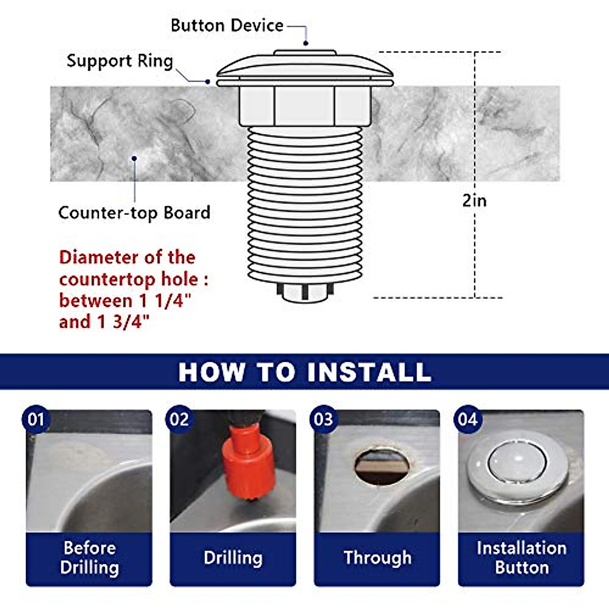 CLEESINK Air Activated Switch Button with Air Hose, Sink Top White Push Button for Food Waste Garbage Disposal Part (Short, 2 Inch)