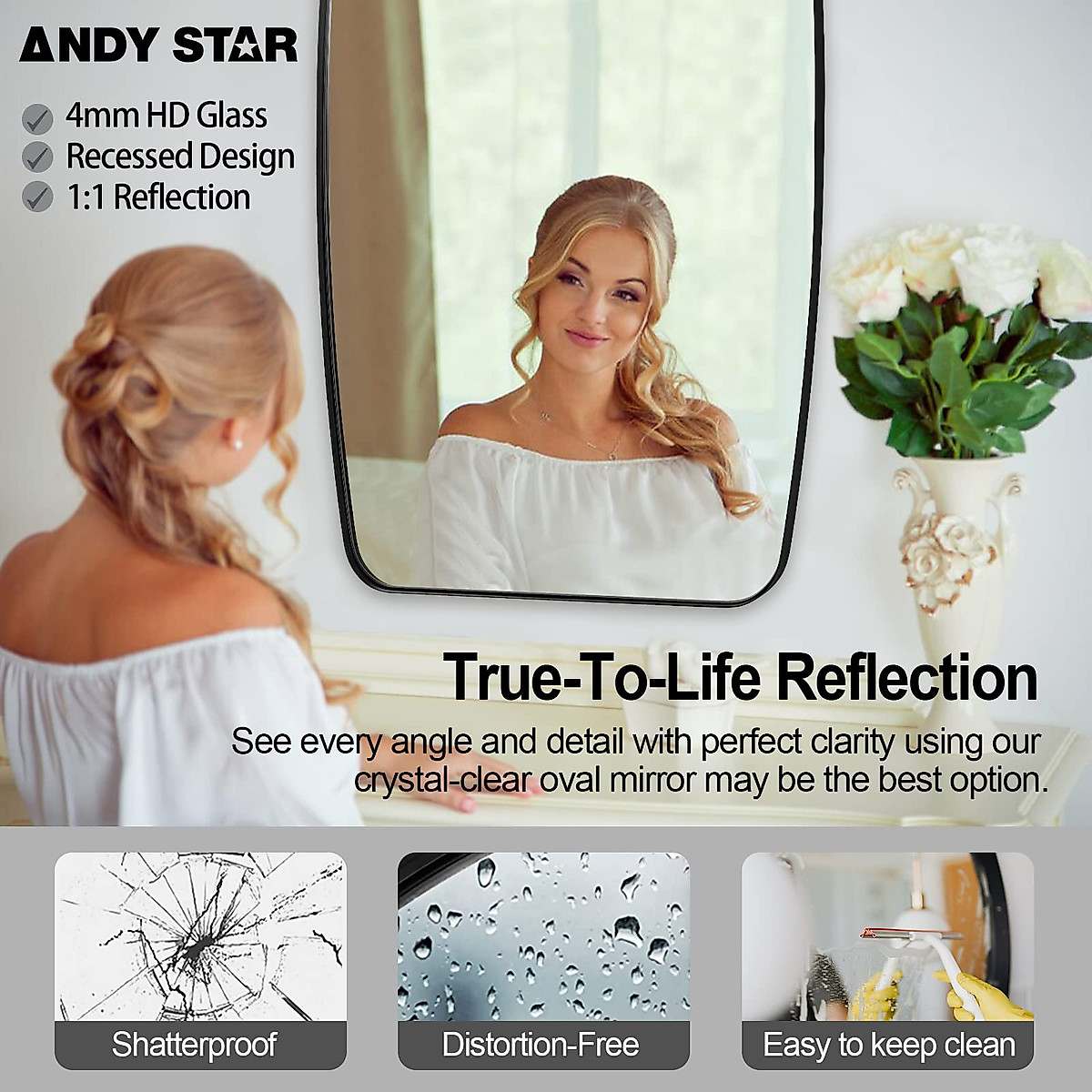ANDY STAR Black Oval Mirrors for Bathroom, Large 24x40’’ Matte Black Metal Framed Oblong Wall Mirror, Modern Black Vanity Mirror in Stainless Steel Frame Wall Mount Horizontal or Vertical
