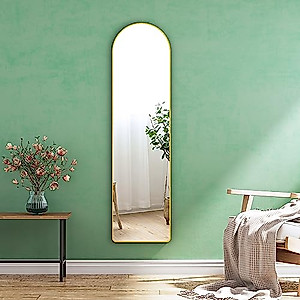 SUPPNEED 59"x15.7" Arched Full Length Mirror, Large Arched Mirror Floor Mirror with Stand, Bedroom Mirror, Modern Arched Shape Wall Mounted, Hanging or Standing, Gold