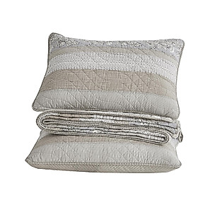 Chezmoi Collection Robyn 3-Piece Neutral Taupe Gray White Floral Hibiscus Flower Patchwork Striped Quilt Set - Pre-Washed Cotton Coverlet - Lightweight Reversible Bedspread, King Size