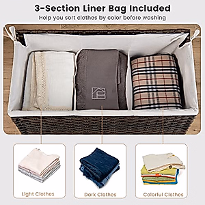 Giantex Laundry Hamper with Lid and Handle, 35 Gal (130L) Wicker Laundry Basket, 3-Section Removable Liner Bag, Synthetic Rattan Divided Clothes Hamper Storage Organizer for Bathroom (Brown)