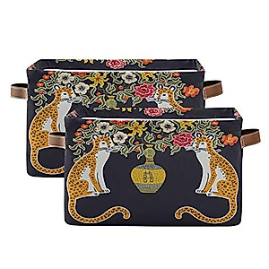 Chinese Tiger Chinoiserie Flower Foldable Storage Basket, Large Collapsible Organizer Storage Bin Cube Toys Storage Boxes with Handles for Bathroom Kids Nursery Closet Storage, 2 Pack