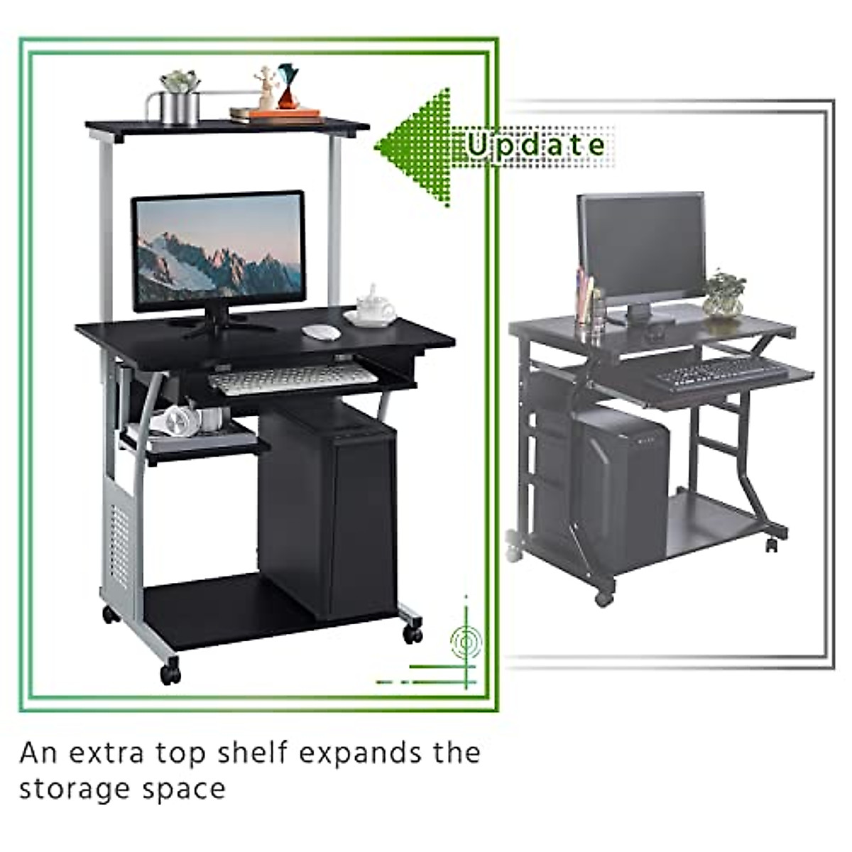 Topeakmart 3 Tier Computer Desk with Printer Shelf and Keyboard Tray, Home Office Desk Computer Workstation Rolling Study PC Laptop Table for Small Spaces Black