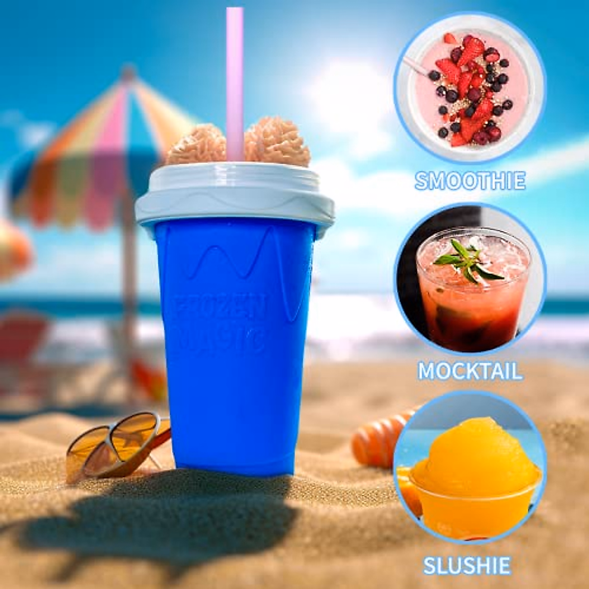 SLUSH MASTERS Slushie Maker Cup - Pack of 3, Quick Frozen, Cooling Magic, Ice Cup, Ice Cream, Smoothie Maker for Family and Friends – FREE Lid, Straw and Cleaning Brush Included