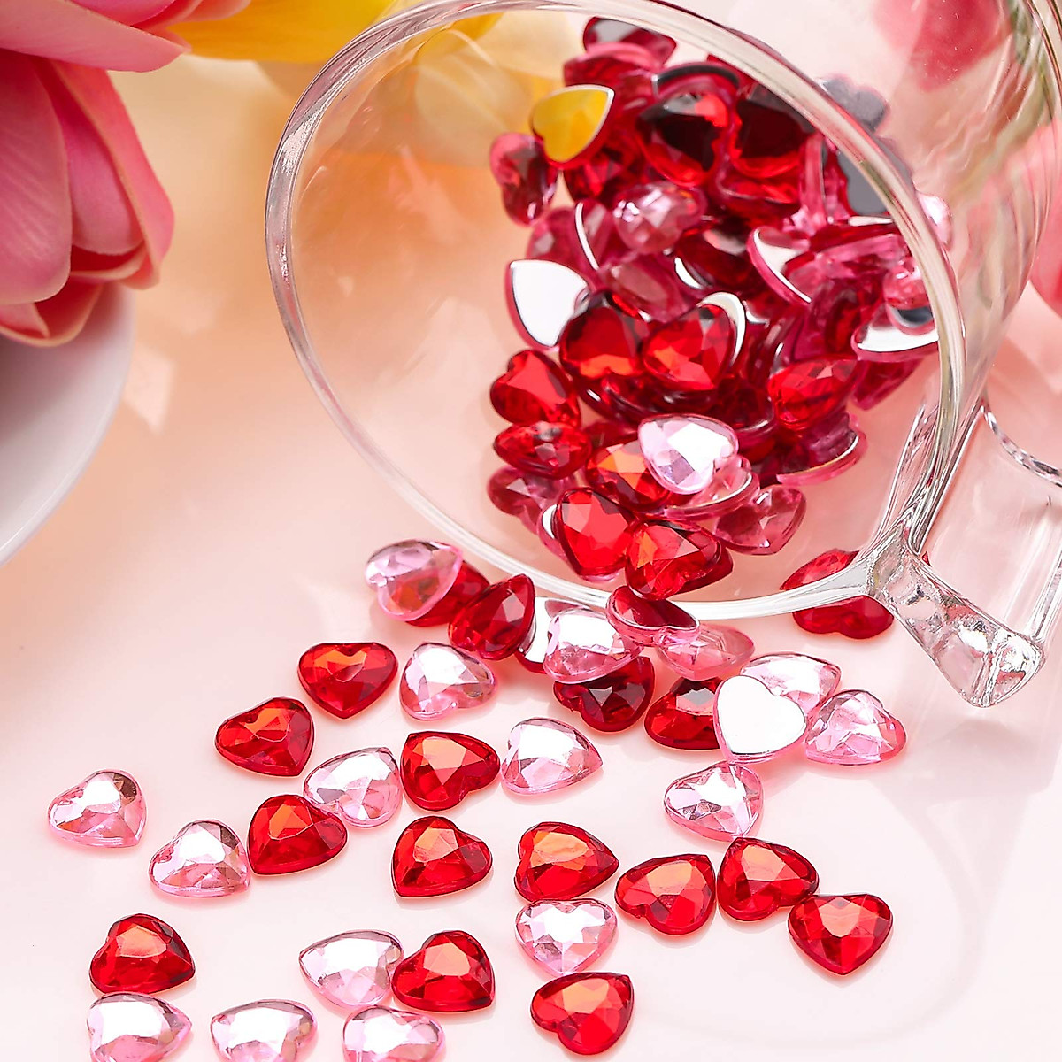 Red/Pink Acrylic Heart for Valentines Day, Wedding Heart Table Scatter Decoration, Flat Back Heart Rhinestones, 0.5 Inch (100)