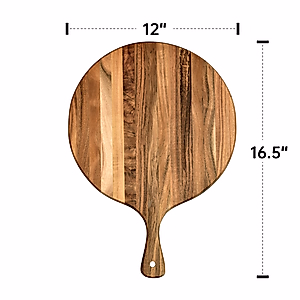 KITEISCAT Acacia Wood Round cutting board with handle 16” x 12”– Round Pizza Paddle & Cutting Serving Board for Home Baking, Cheese, Fruits, Vegetables, Bread, Charcuterie