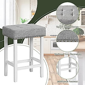 Giantex Bar Stools Set of 2, 24.5" Counter Height Backless Barstools with Nailhead Linen Foam Seat, Foot Rest, Max Load 330 Lbs Rubber Wood Bar Stools for Kitchen Island Pub