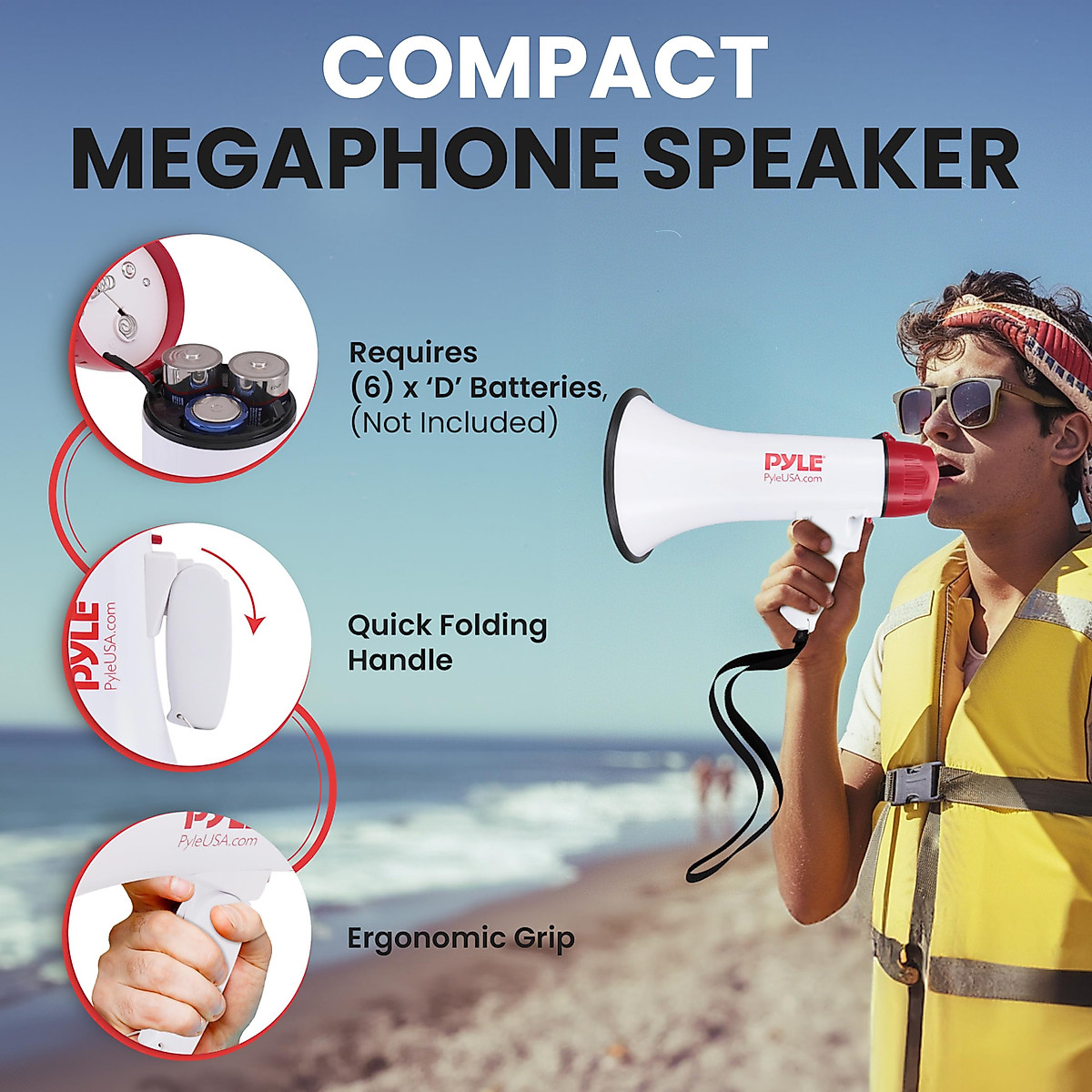 Pyle Megaphone Speaker PA Bullhorn Built-in Siren - Adjustable Volume Control & 800 Yard Range - for Football, Soccer, Baseball, Hockey & Basketball Cheerleading Fans & Coaches or for Safety Drills