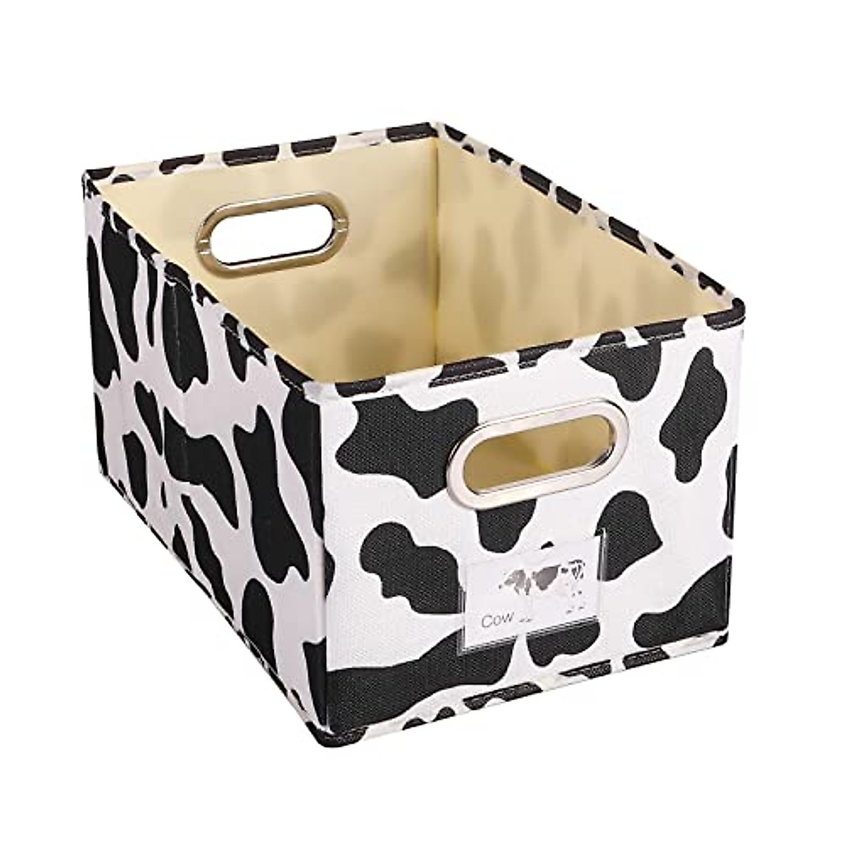 ANMINY Fabric Storage Bin Cow Print Cotton Linen Foldable Open Storage Basket Box with Handles PP Plastic Board Label Window Decorative Washable Desktop Closet Shelf Organizer Container - Medium