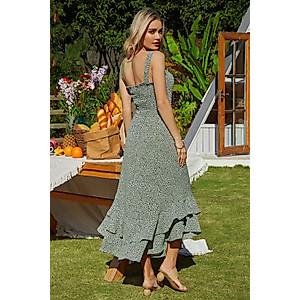 Women's Summer Floral Chiffon Bohemian Long Dress Elegant Square Neck Tie Front Ruffle Aline Maxi Dress Green L