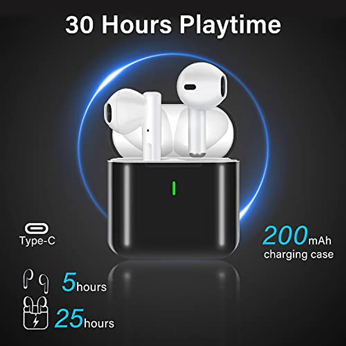 Wireless Earbuds Bluetooth 5.1 Headphones 30H Playtime in-Ear Hi-Fi Stereo Sound Noise Cancellation Mic IPX7 Waterproof Headset for iPhone/Samsung/Android/PC Black