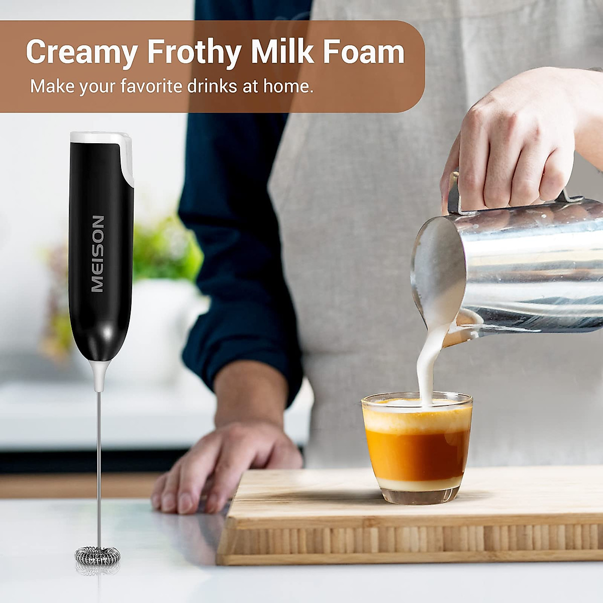 Milk Frother Handheld Foam Maker for Lattes, Whisk Drink Mixer for Coffee, Mini Foamer Blender and Electric Mixer Coffee Frother for Cappuccino, Frappe, Matcha, Hot Chocolate, No Stand - Black