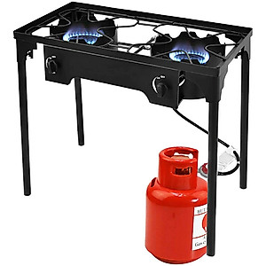 LUARANE Outdoor Stove High Pressure Double Burner Propane, Portable Gas 2 Burner Camp Stand Cooking Adjustable Detachable Legs, 20 PSI Regulator, Patio Camping Burner for Picnic, BBQ Grill (Black)
