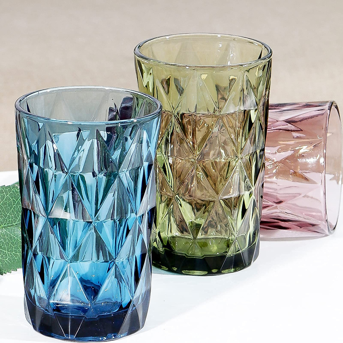 Bandesun Thick Glassware Drinking Glass set of 6 Diamond Kitchen Glasses Tumbler Cup（12 OZ），for Water，Cocktail，Milk，Juice and Beverage.