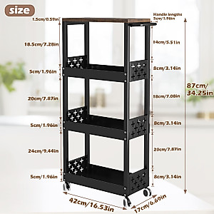 COVAODQ Slim Storage Cart with Handle 4 Tier,Slide Out Storage Rolling Utility Cart Mobile Shelving Unit Organizer Trolley for Small Spaces Kitchen Narrow Places, Black