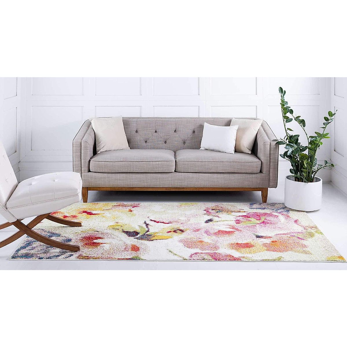 Unique Loom Lyon Collection Modern Watercolor Floral Area Rug, 9 x 12 ft, Ivory/Pink
