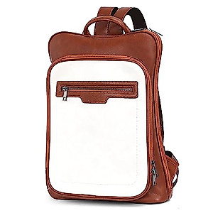 GUETES Leather Laptop Backpack, for Women and Men 15.6 inch Computer Backpack Travel Large Business Work College Daypack, Off White+ Brown