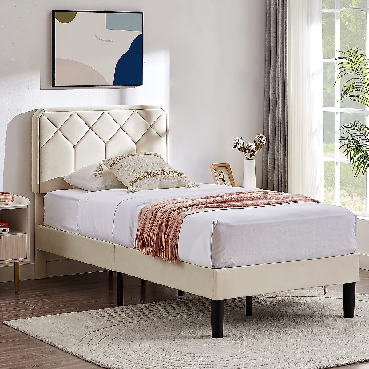 VECELO Twin Size Bed Frame Premium Leather Upholstered Platform with Height Adjustable Headboard/Mattress Foundation, Solid Wooden Slat Support, No Box Spring Needed/Easy Assembly