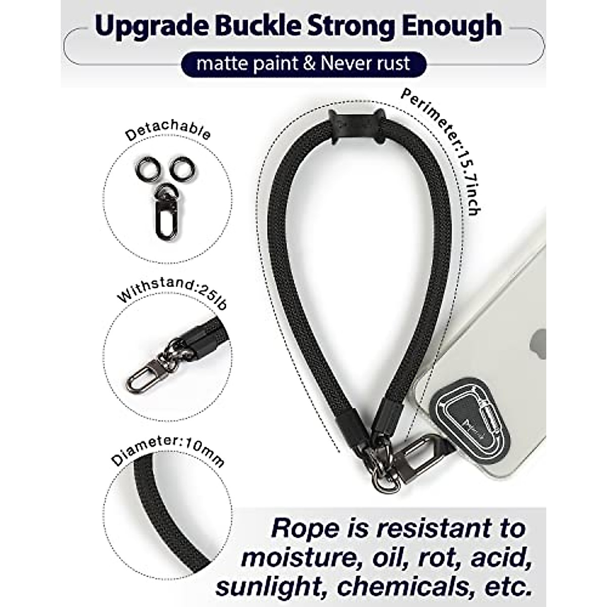 project-cb Hand Wrist Phone Strap,Phone Lanyard Patch ×2,Cell Phone Case Holder,Wristlet Strap for Key,AirPods,Camera (Black, 15.7inch)