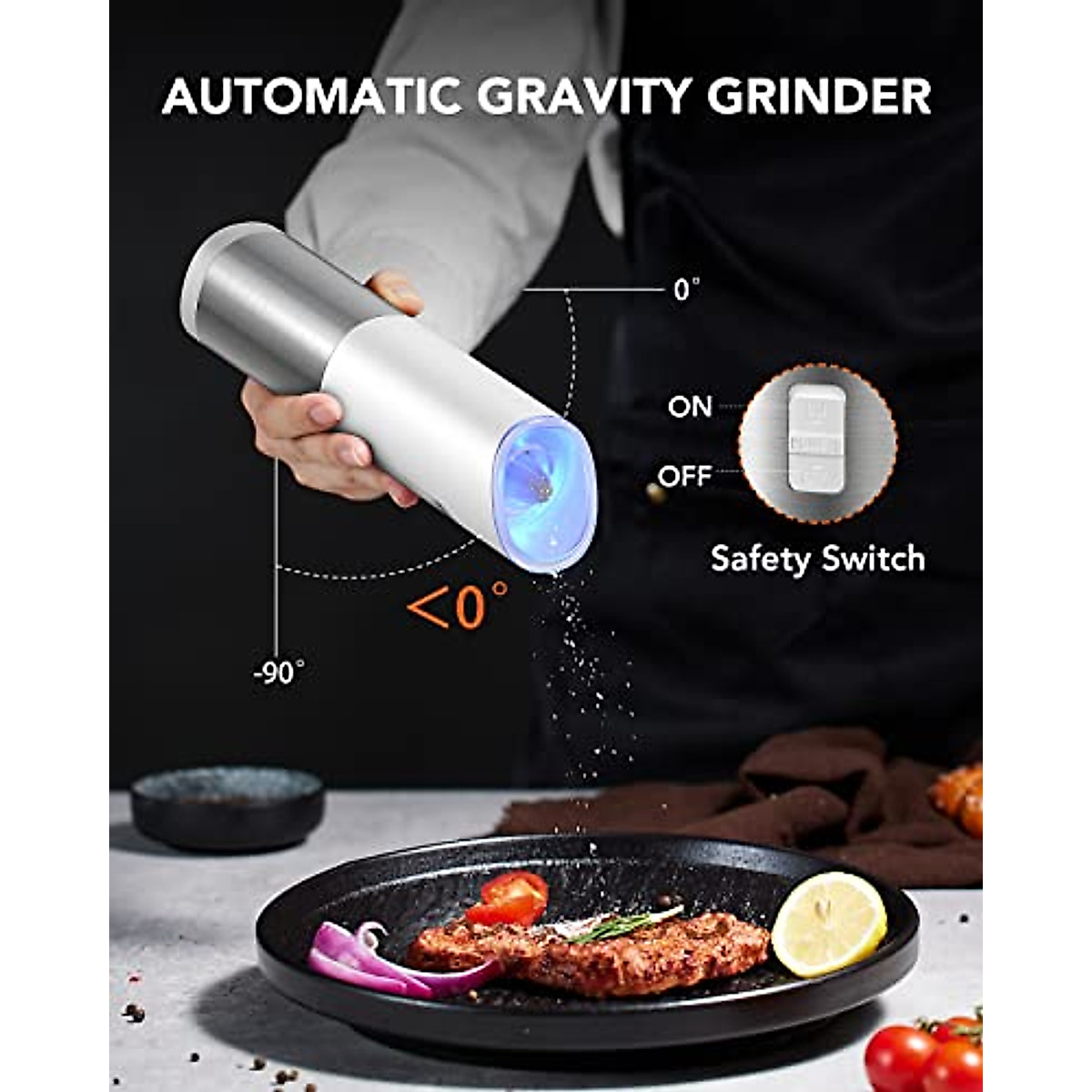 FORLIM Gravity Electric Salt and Pepper Grinder Set Battery Operated, Adjustable Coarseness, Blue LED Light, One Hand Automatic Operation, Stainless Steel Classic Black & White, 2 Mills