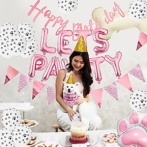 Dog Birthday Decorations Girls - Dog Party Decorations Cute Dog Girl Birthday Bandana Hats Happy Birthday Banner Pennant Pink Dog Paw Bone Foil Balloons for Pet Puppy Party Supplies