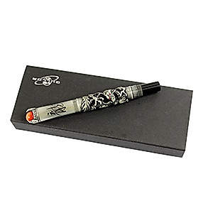 Gullor JinHao Antique Silver Dragon Style 3D Carved Fountain Pen With Red Pearl, Medium Nib, Black