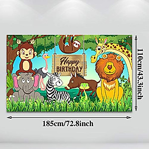 Jungle Animal Theme Backdrop for Birthday Party, Large Fabric Safari Animal Elements Printed Happy Birthday Backdrop Funny Cartoon Forest Background for Birthday Party Decorations, 6 x 3.6 ft