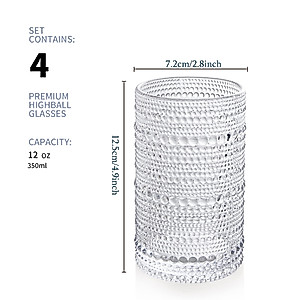 POLIDREAM Hobnail Drinking Glasses Set of 4, Art Deco Vintage Glassware, 12 oz Tall Crystal Tumblers, Clear Embossed Glass Cups, Romantic Iced Beverage Glass, for Beer, Cocktail, Soda, Cappuccino