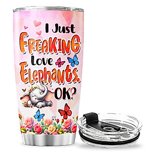 JENOIS Elephant Gifts, Tumbler 20 Oz With Lid And Straw, Floral Flower, Elephant Freaking Love