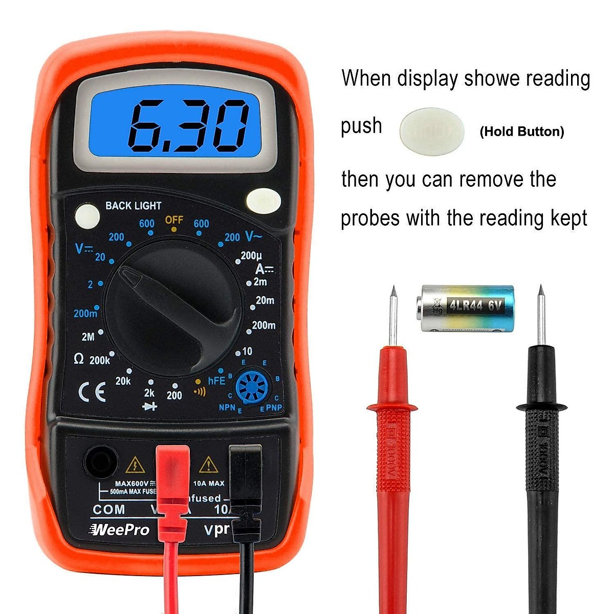 WeePro Vpro850L Digital Multimeter DC AC Voltmeter, Ohm Volt Amp Test Meter, Electric Tester Ohmmeter with Diode and Continuity Detector, Backlit Display and Insulated Rubber Case Kickstand