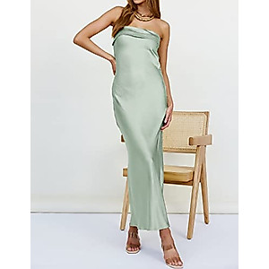 ZESICA Women's 2023 Summer Satin Strapless Dress Sexy Backless Bodycon Wedding Cocktail Party Maxi Dresses,Sage,Large