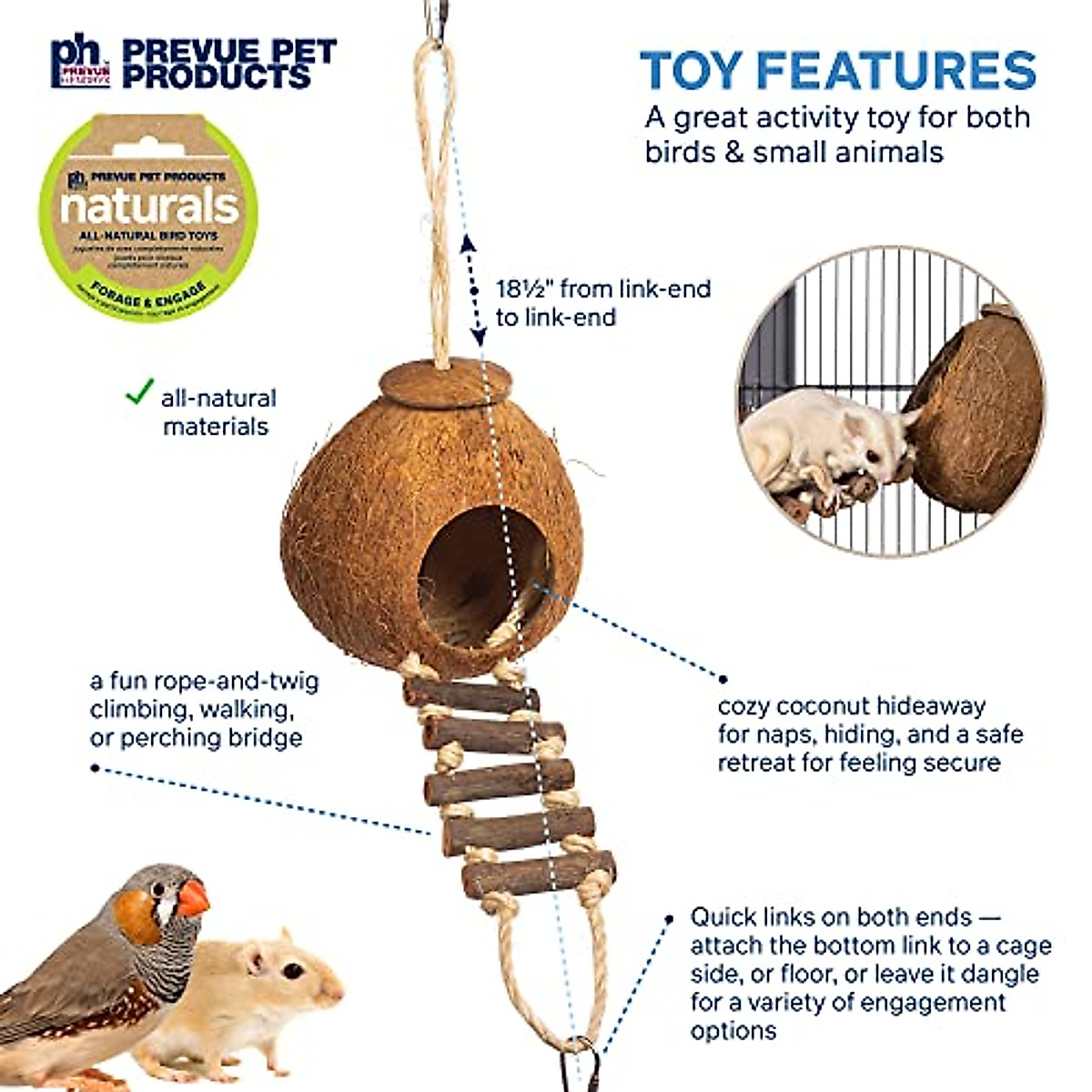 Prevue Hendryx 62801 Naturals Coco Hideaway with Ladder Bird Toy,1 Count (Pack of 1)