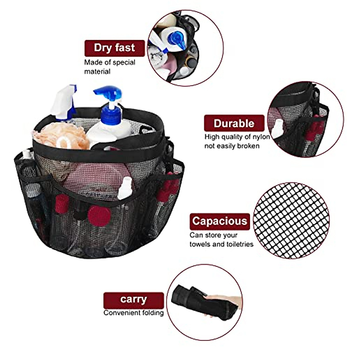 Quick Dry Mesh Shower Caddy, Hanging Shower Tote Bag Toiletry Bath Organizer Makeup Comestic Storage Bag Basket with 8 Storage Pockets for Home Gym Travel Dorm Bathroom Washing Bag Case with Handle