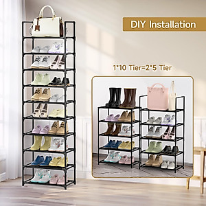 barsone Shoe Rack 10 Tiers, 20-25 Pairs Shoe Organizer Storage Shelf Stand Tower Shoe Rack, Space Saving Shoe Shelves Narrow Free Standing Shoe Rack for Closet Entryway Hallway Apartment Garage