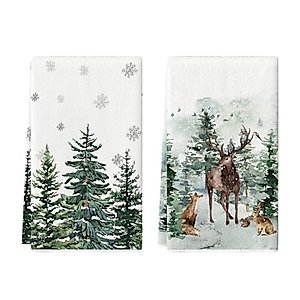 Artoid Mode Elk Trees Snow Hello Winter Kitchen Towels Dish Towels, 18x26 Inch Seasonal Christmas Decoration Hand Towels Set of 2