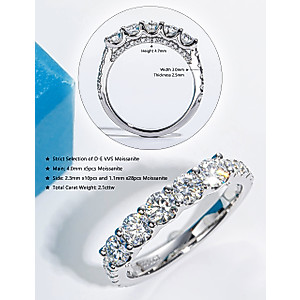 CannyCat 5 Stone Moissanite Half Eternity ring 4.0mm 2.1 CTTW Lab Created Diamond Wedding Band for Women VVS D color Moissanite Anniversary Engagement Eternity Bands Platinum Plated Silver Stacking